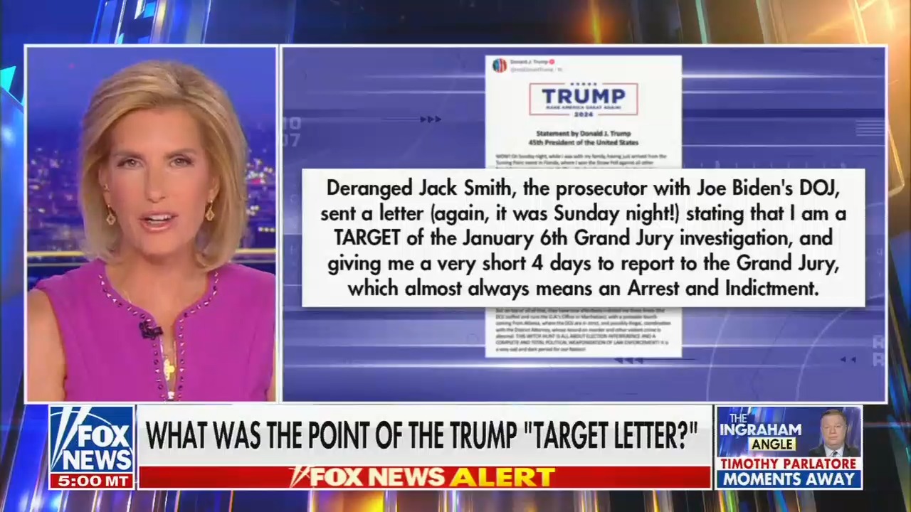Laura Ingraham calls DOJ target letter to Donald Trump a "publicity ...