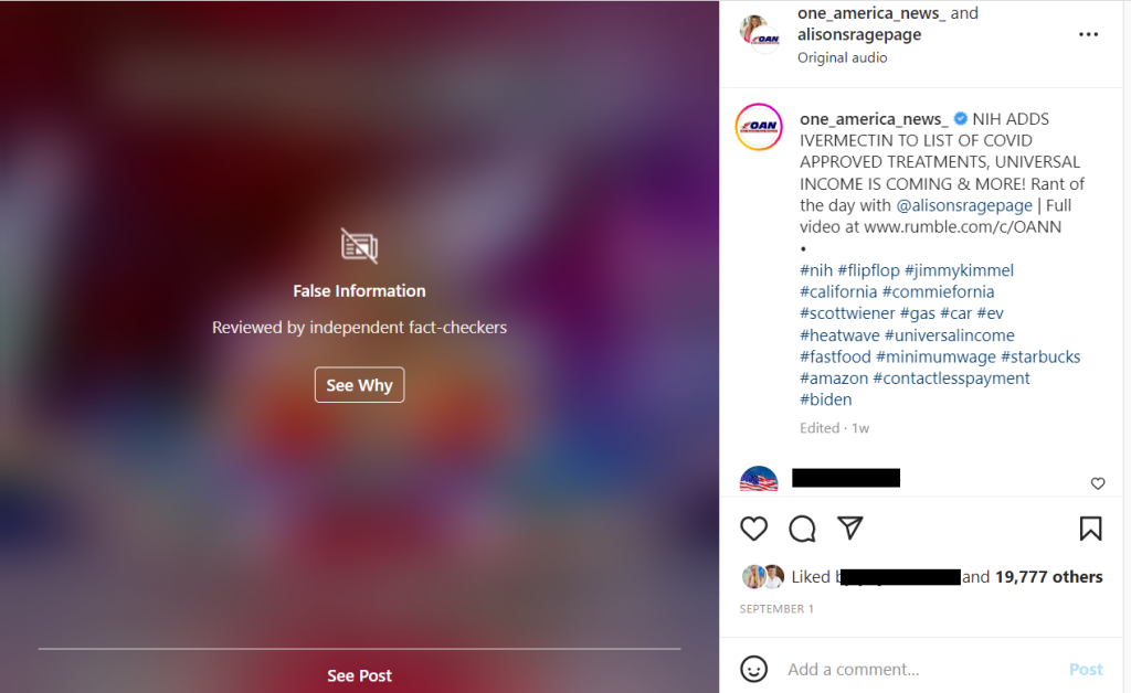 OAN IG video with misinformation warning for endorsing Ivermectin ...