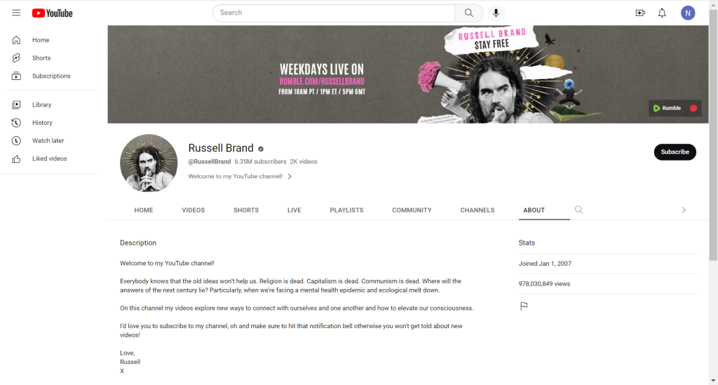 Russell Brand YouTube channel about page | Media Matters for America