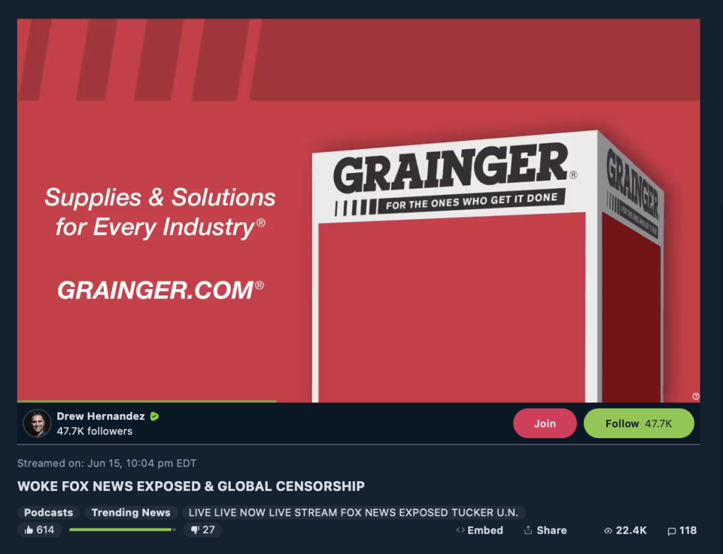 Grainger ad on anti-LGBTQ Drew Hernandez Rumble video | Media Matters ...