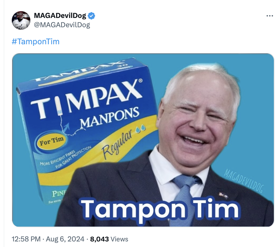 Flailing Maga Media Settle On Strange Attack Against Harris Vp Pick Tim Walz Tampon Tim